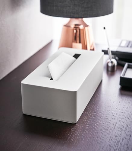 Yamazaki Home Rectangular Reusable Tissue Box Holder Cover Metal Container Case for Kitchen Bathroom or Bedroom Steel One Size White