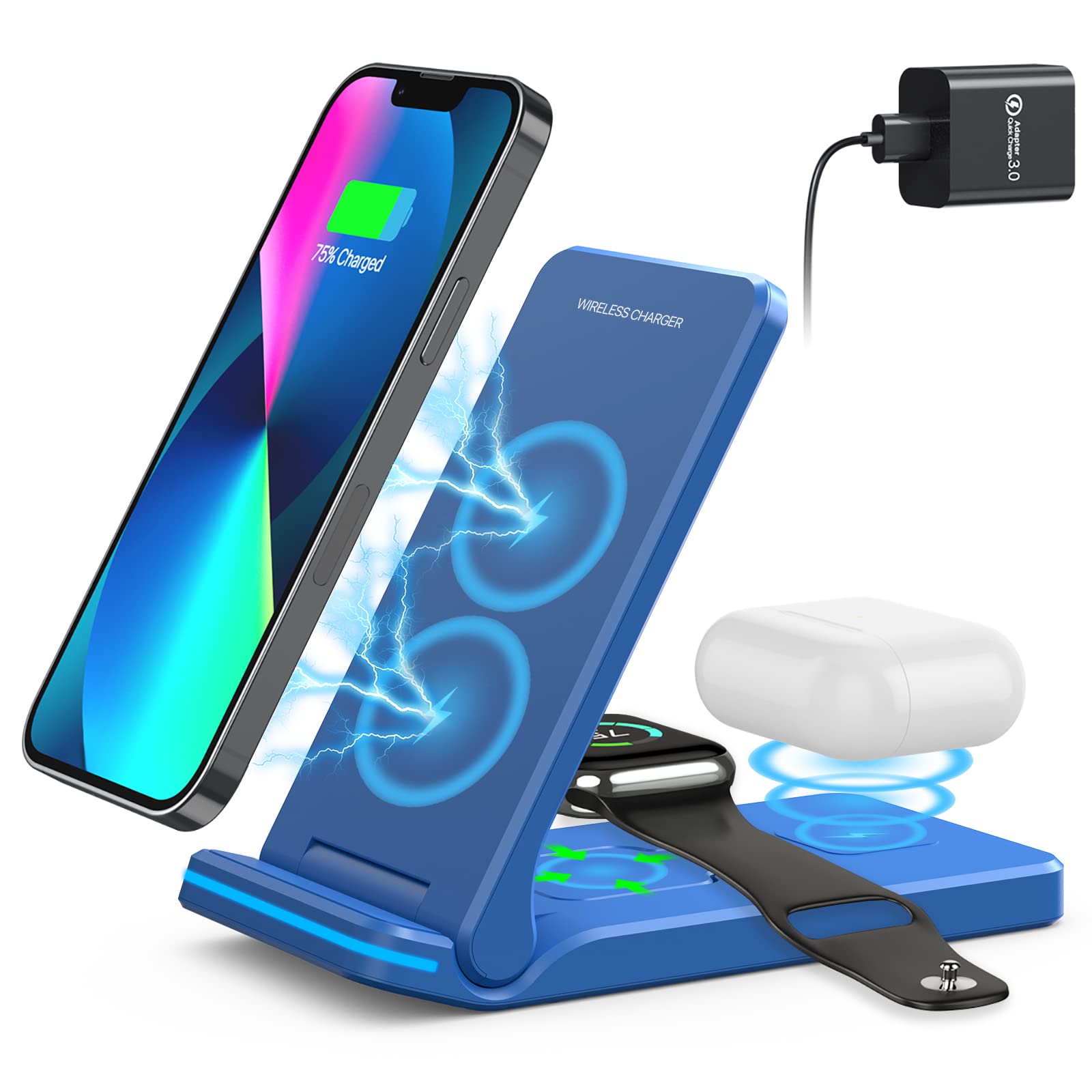 Wireless Charging Station, 3 in 1 Wireless Charger Stand, Fast Wireless Charging Dock for iPhone 14/13/12/11/Pro/X/Max/XS/XR/8/Plus, Apple Watch7/6/5/4/3/2/SE, Airpods 3/2/Pro(Blue)