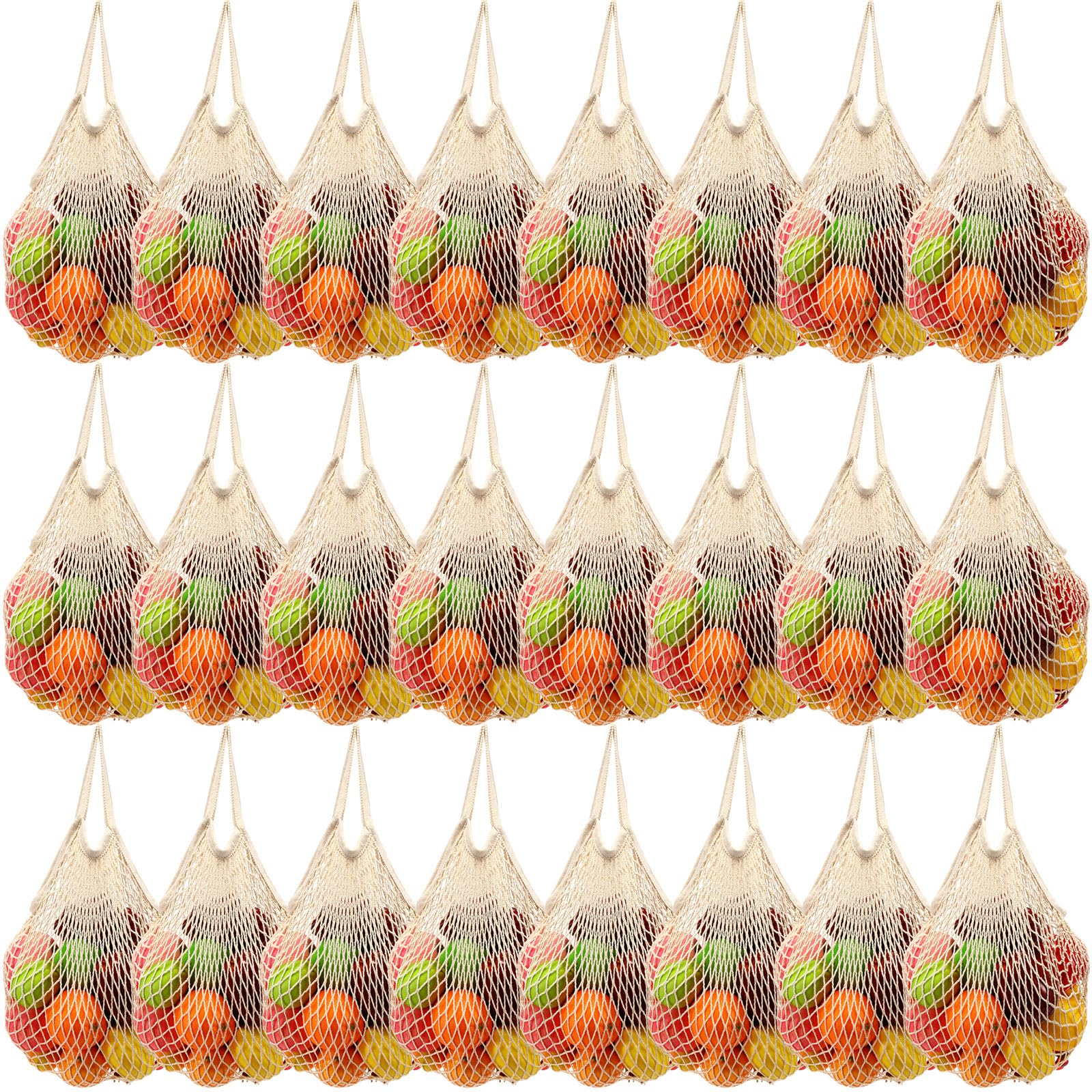 Woanger 24 Pcs Reusable Cotton Mesh Produce Shopping Bags Washable Grocery Bag Net Portable Fruit and Vegetable Bag Cotton String Bags Long Handle Net Tote Organizer (Short Handle)