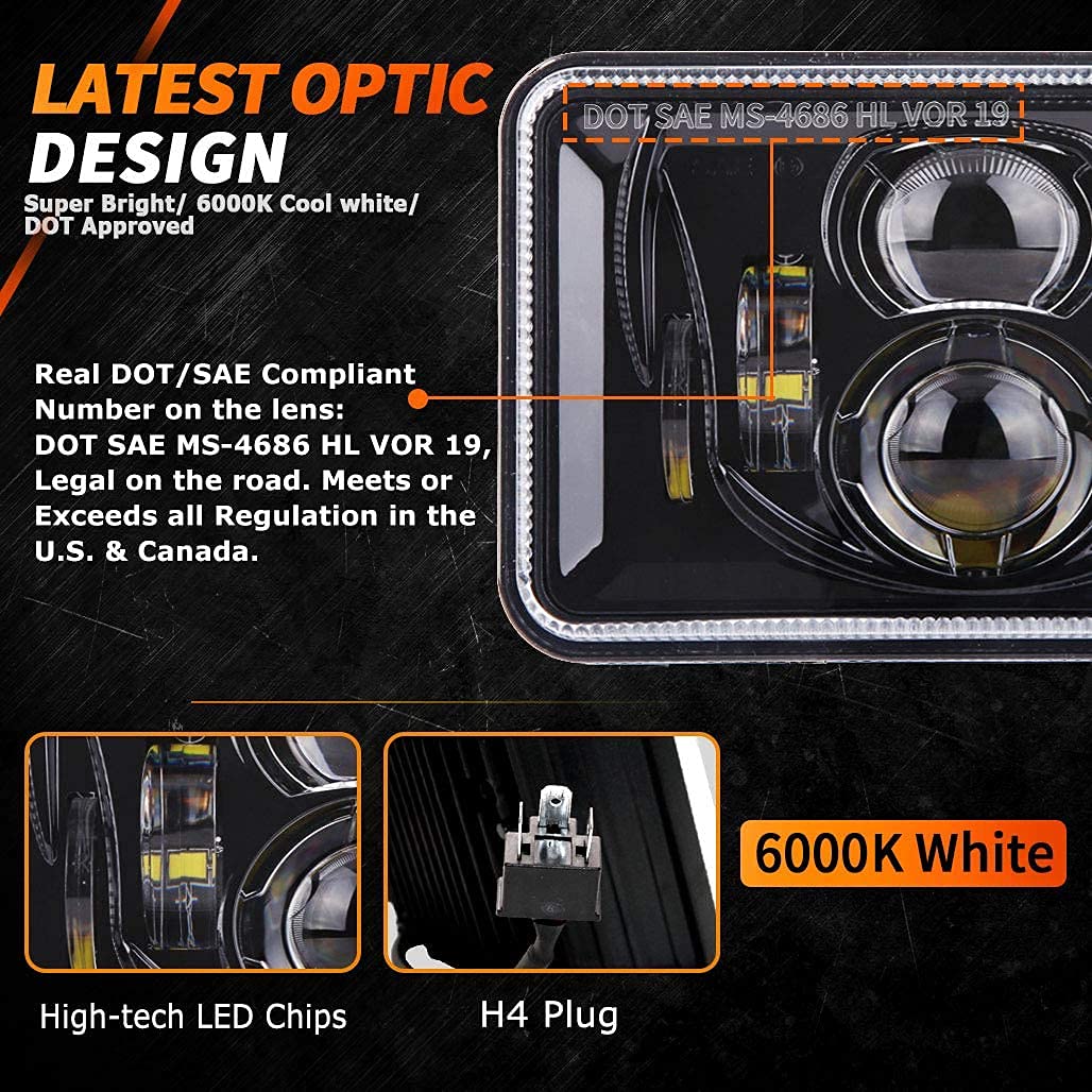 Z-OFFROAD 4pcs 60W 4x6 Inch LED Headlights DOT Approved Rectangular H4651 H4652 H4656 H4666 H6545 Headlight Replacement Compatible with Kenworth Freightliner Peterbilt Oldsmobile Cutlass β Black