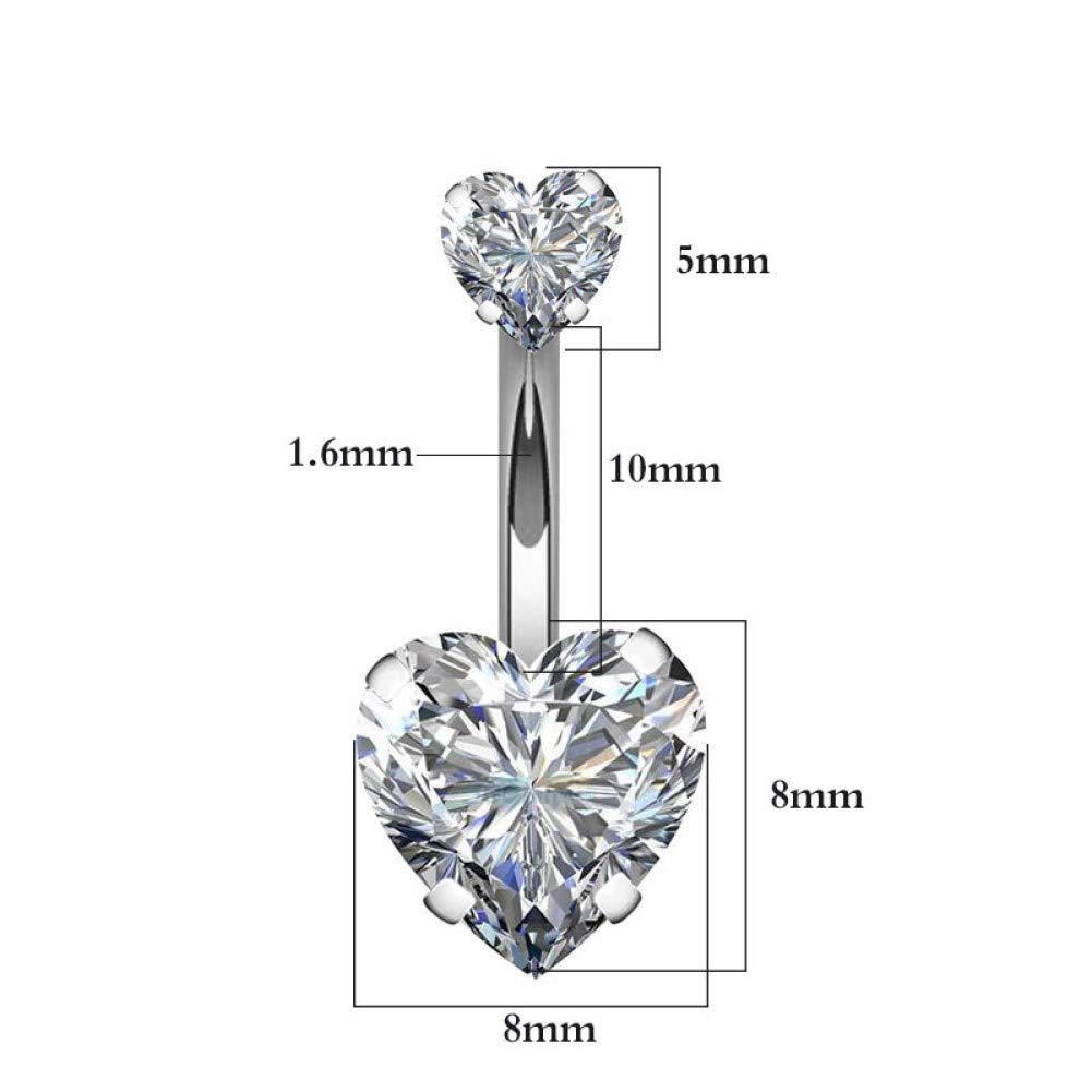 YHMM 14G Surgical Steel Belly Button Rings Double Heart Cubic Zirconia Navel Barbell Stud Body Piercing (A: Silver Tone)