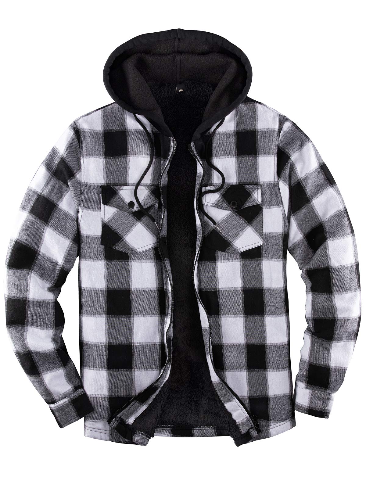 ZENTHACE Men's Sherpa Lined Full Zip Hooded Plaid Shirt Jacket Black/Grey XXL