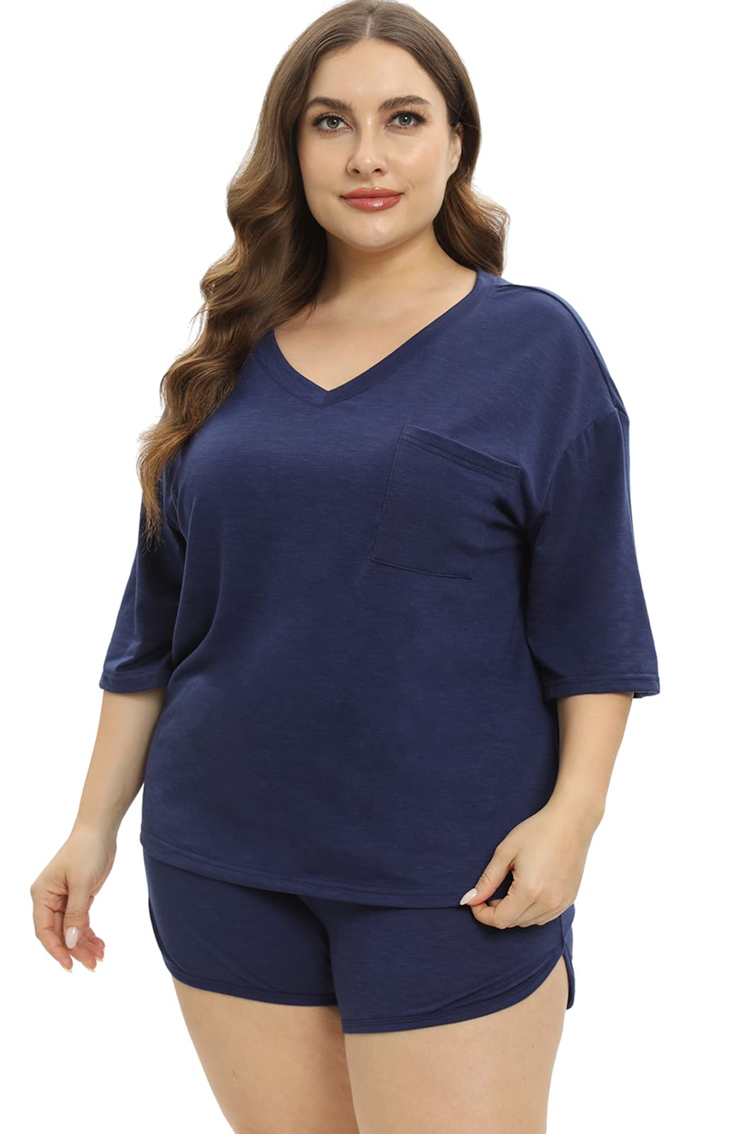 Women's Plus Size Short Pajama Set 2-Piece Pajamas Sets Shorts Summer Soft Pj Set Summer Lounge Set Sleepwear Navy