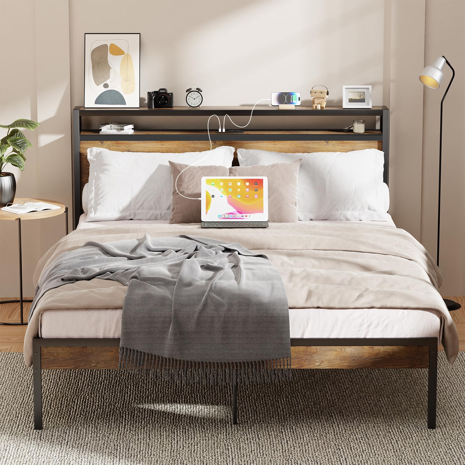 Zevemomo Queen Bed Frame, Queen Size Metal Platform Bed Frame with 2-Tier Storage Wood Headboard and Power Outlets, USB Ports Charging Station/No Box Spring Needed/Noise-Free/Easy Assembly/Brown