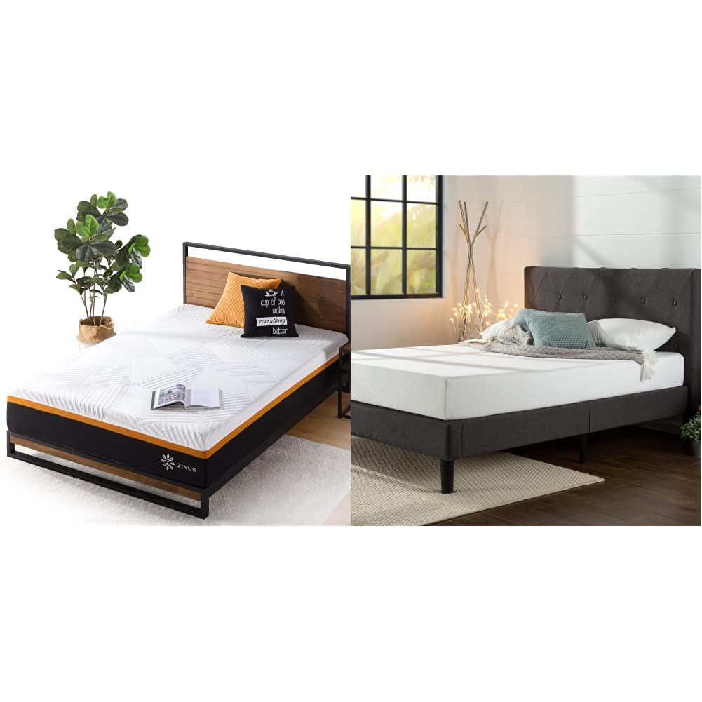 Zinus 12 Inch Cooling Copper Adaptive Pocket Spring Hybrid Mattress, Queen & Shalini Upholstered Platform Bed Frame/Mattress Foundation, Dark Grey, Queen