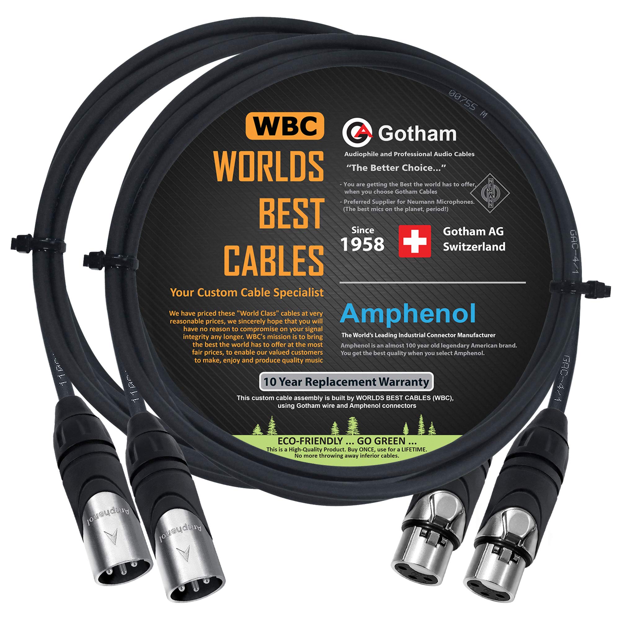 WORLDS BEST CABLES 2 Units - 6 Foot - Gotham GAC-4/1 (Black) - Star Quad, Dual Shielded Balanced Male to Female Microphone Cables with Amphenol AX3M & AX3F Silver XLR Connectors - Custom Made