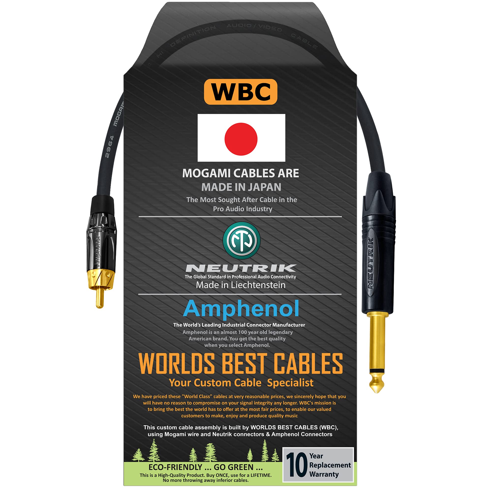 WORLDS BEST CABLES 1 Foot β TS to RCA Cable β Mogami 2964 Audio Interconnect Cable & Neutrik NP2X-B & Amphenol ACPL-CBK Gold Plugs - CUSTOM MADE