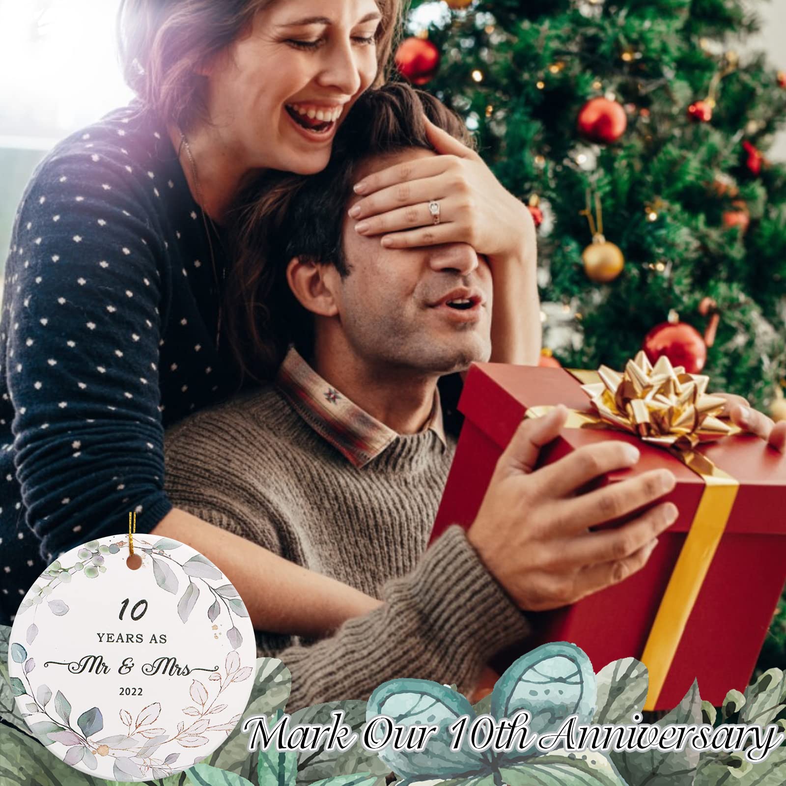 ZOCONE 10 Years as Mr & Mrs 2022 Ceramic Ornament, 10 Year for Couples, 10th Wedding for Home Decoration Christmas Tree Ornaments Hanging Accessories