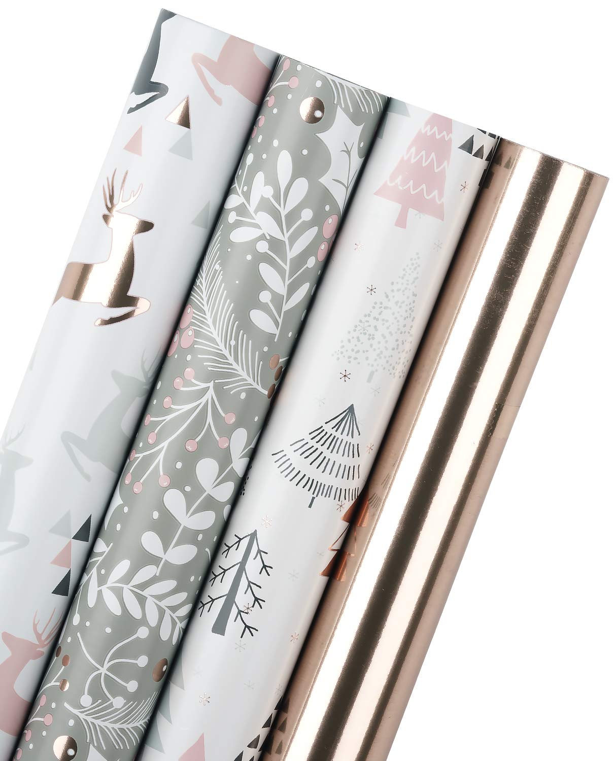 WRAPAHOLIC Christmas Wrapping Paper Set - Rose Gold and Grey Holiday Design with Metallic Foil Shine Wrapping Paper Bundle with Gift Bow & Ribbon & Tag & Sticker