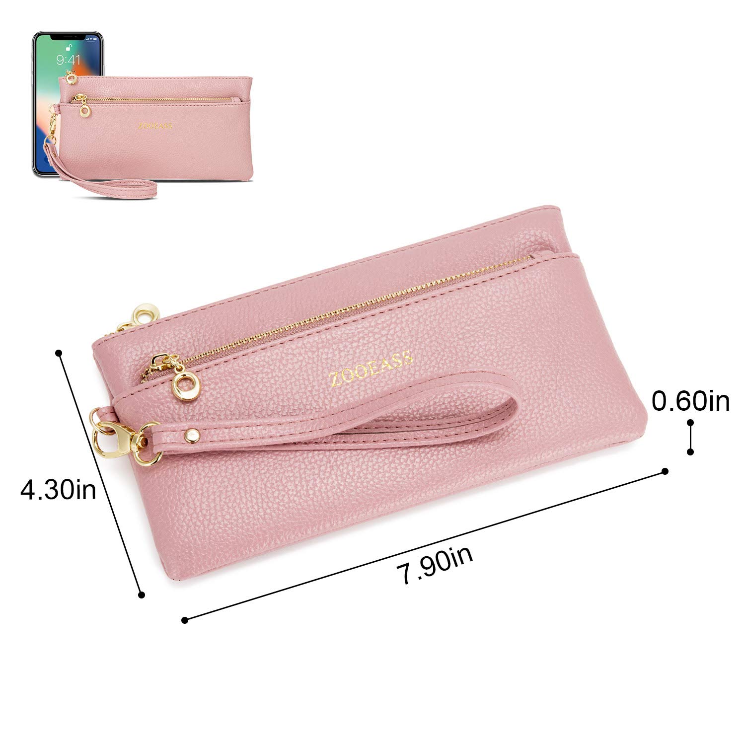 ZOOEASS Women Vegan Leather Wristlets Bag, Clutch Organizer Wallets Purses for iPhone(Pink Long)