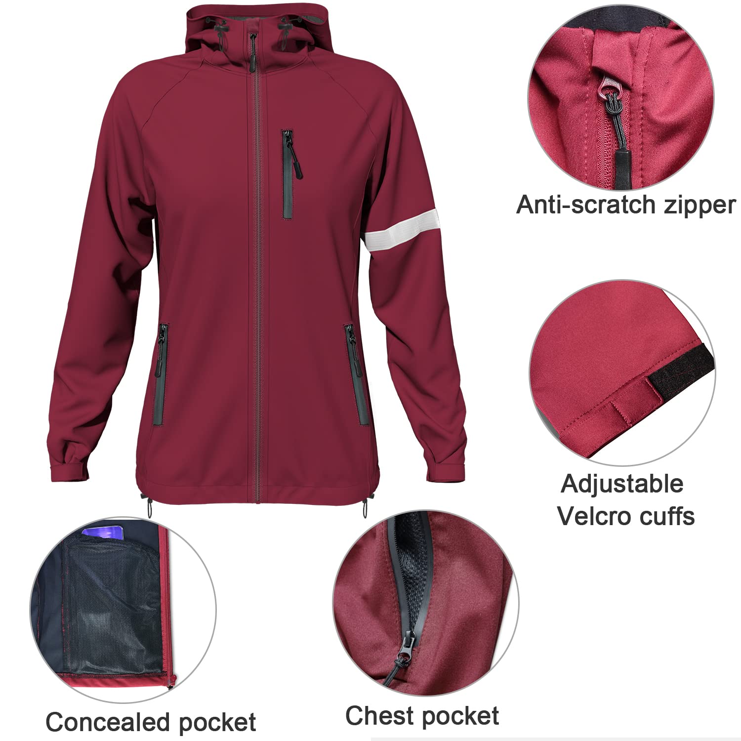 Wulibike Cycling Jackets for Womens Running Jacket Winter Thermal Reflective Hoodie Windproof Coat With 6 Pockets