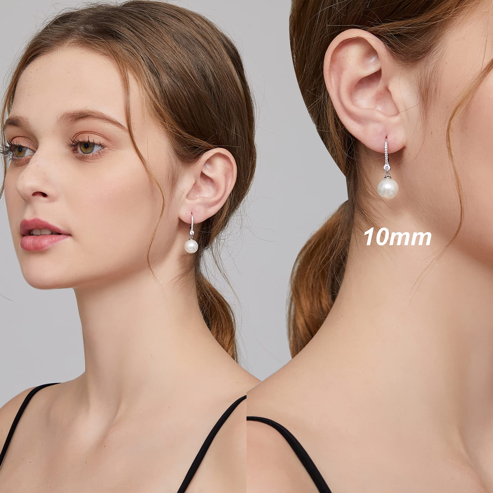 ZowBinBin 925 Sterling Silver 10mm Pearl Earrings, Beautiful Black Pearl Earrings, White Pearl Dangle Earrings Hypoallergenic Drop Pearl Earrings C: Pearl Dangle Earrings 8mm