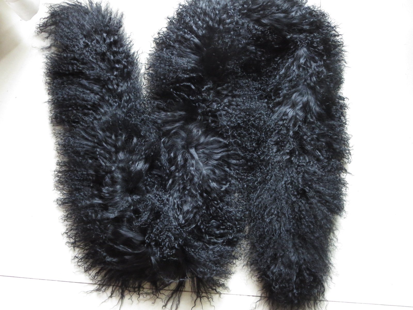 XUYUZUAU Real Mongolian Lamb Hair Scarf Wool Wraps Black Overlength Warm Black