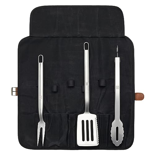 ZWILLING BBQ+ 4-pc Grill Tool Set, BBQ accessories, Grilling Gift Set, Set Includes Grill Spatula, Grill Tongs, Grill Fork and Chef's Tool Wrap, Stainless Steel, Dishwasher Safe