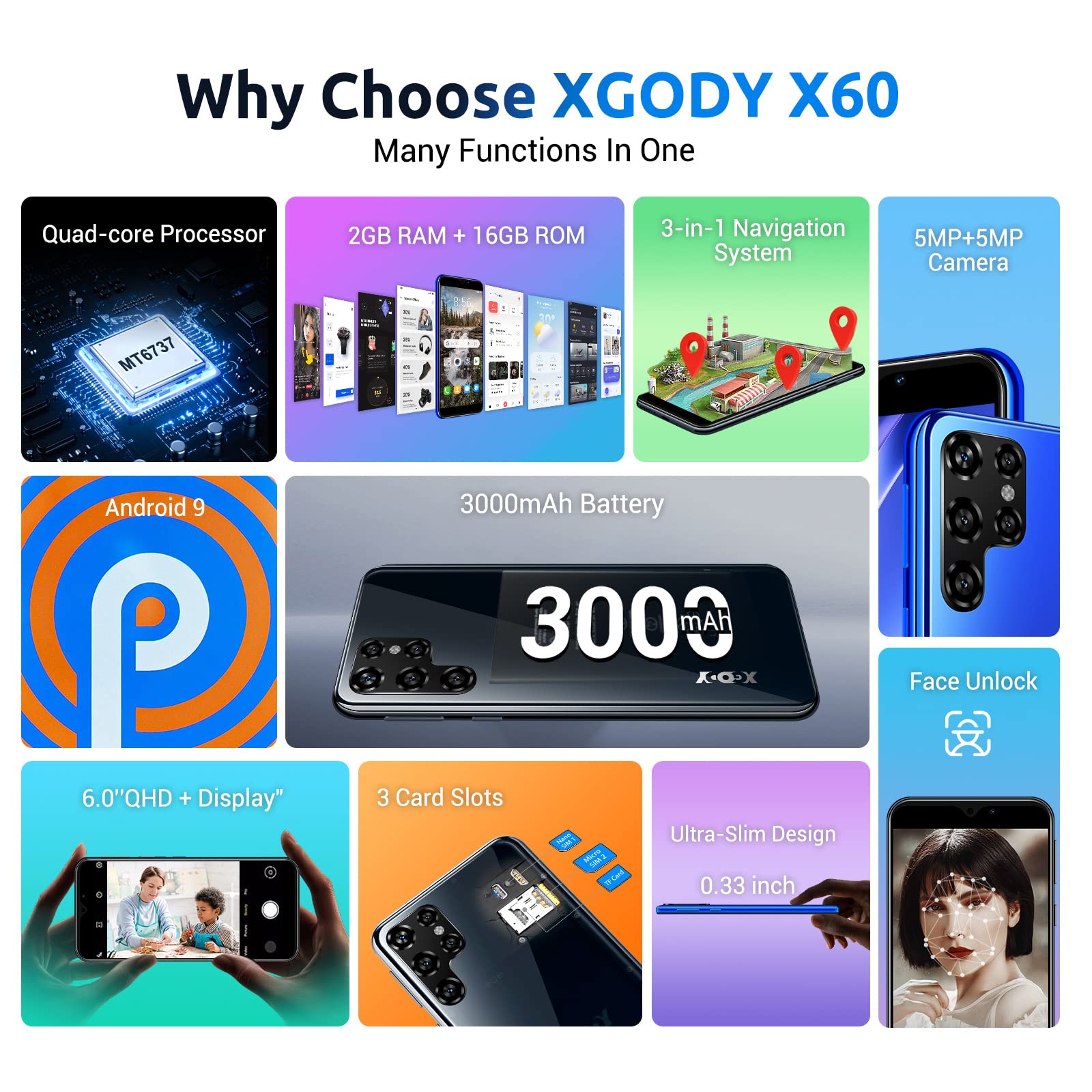 Xgody X60 4G LTE Android Cell Phone Unlocked, 6ββ QHD Waterdrop Screen, 2GB RAM+16GB ROM, Dual Sim Slots Smartphone, 5MP+5MP Camera, Facial Unlock, 3000mAh Mobile Phones (Blue)