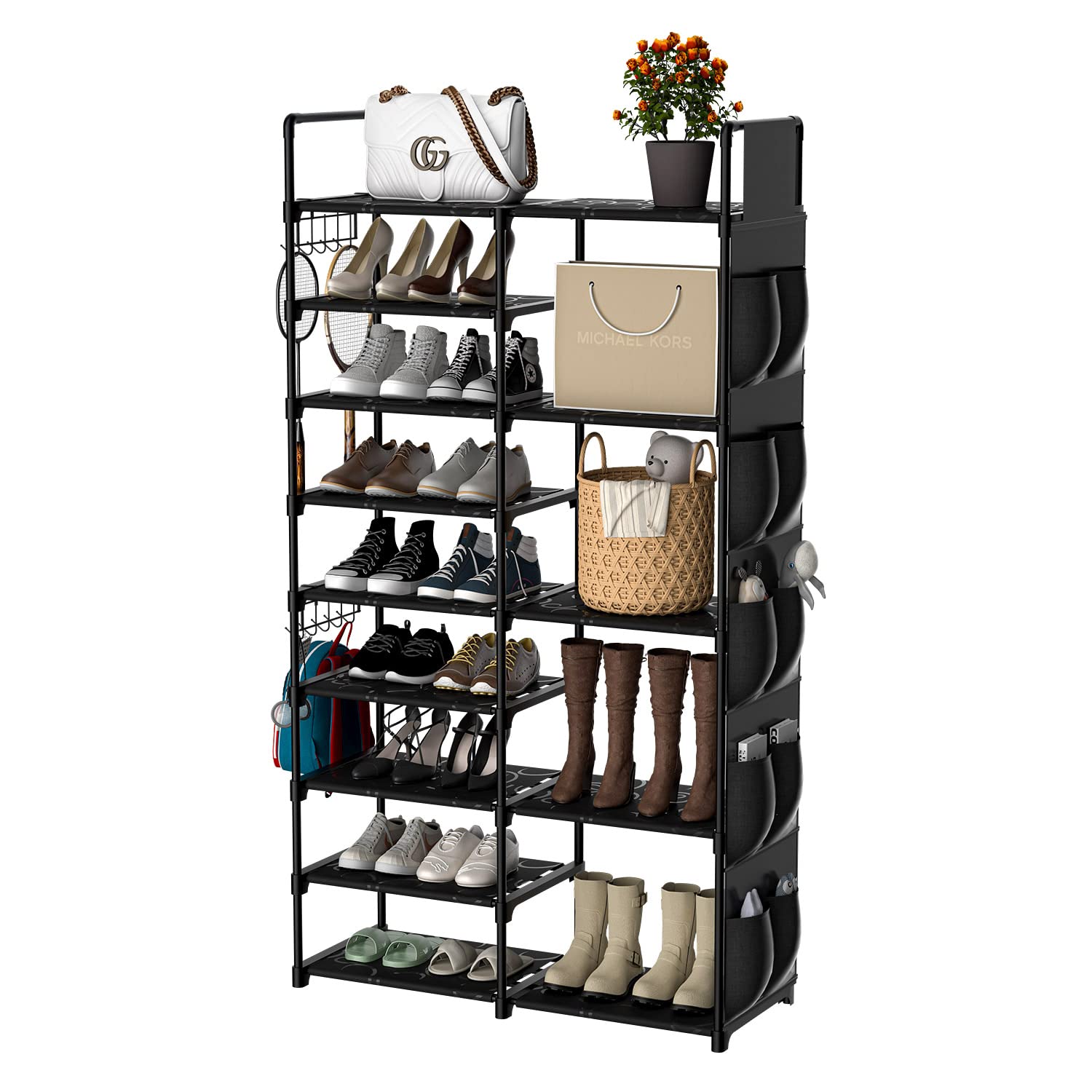 XJJX 9-Tier Shoe Rack Organizer, 28 Pairs Metal Shoe Rack for Closet Boots Organizer Shoe Storage with Side Bag Stackable Shoe Stand for Entryway Hallway and Bedroom