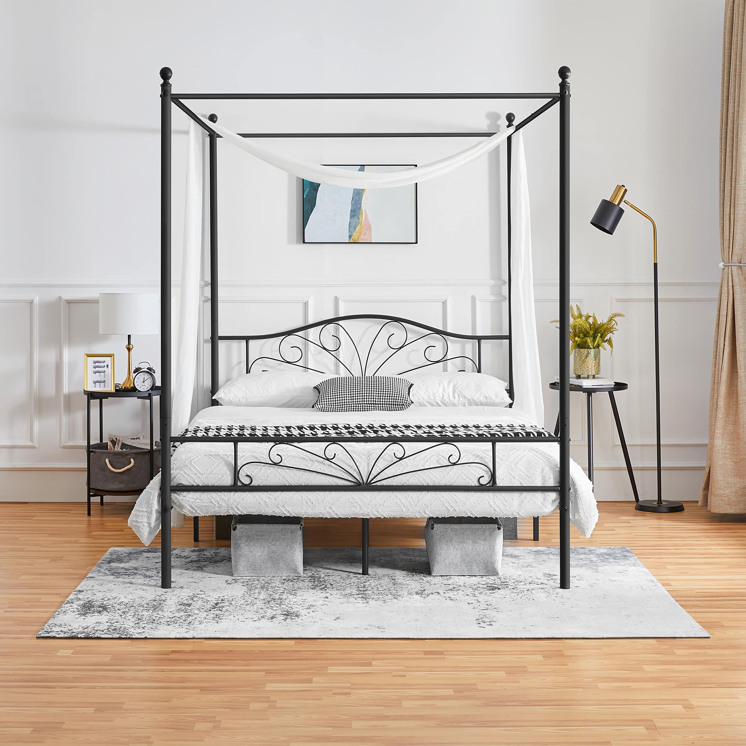 Yaheetech Full Canopy Bed Frames Graceful Scroll Metal Canopy Bed/Four-Poster Canopied Platform Bed with Arched Headboard/Solid Slats/Underbed Storage Space/No Box Sring Needed/Ball Finals, White