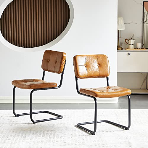 YISH W29980859 Modern Set 2 Pack Upholstered Accent Metal Legs, PU Leather Armless Chairs with High-Density Sponge for Dining Living Room Bedroom, Brown