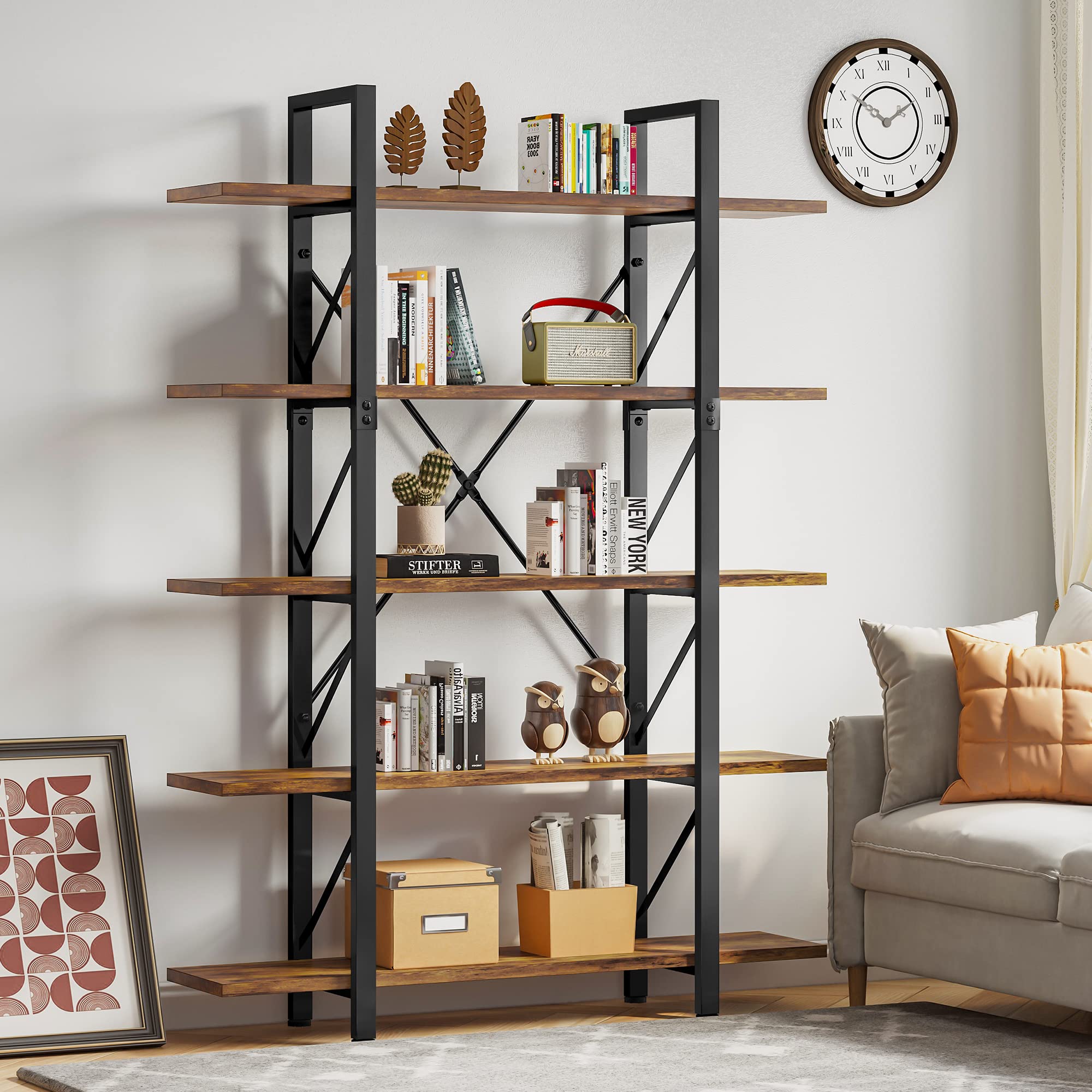 YITAHOME 5 Tier Bookcase, Artsy Modern Bookshelf, Book Rack, Storage Rack Shelves & 5 Tiers Bookshelf, Artsy Modern Bookcase, Book Rack, Storage Rack Shelves Books Holder Organizer - Rustic Brown