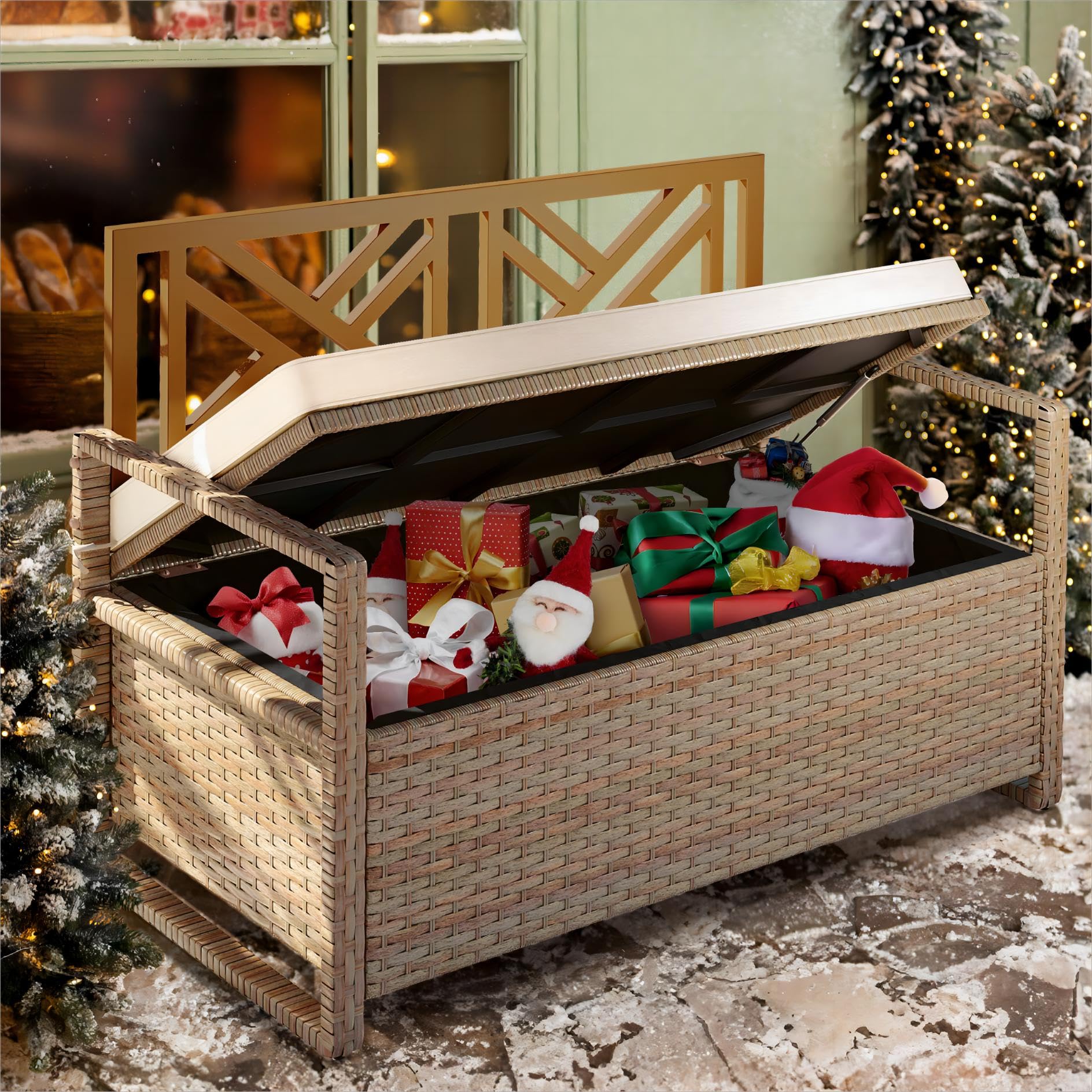YITAHOME 70 Gallon Outdoor Storage Bench, All-Weather PE Rattan Deck Box Bench, Storage Seating Box for Outdoor Cushions, Pool Storage and Garden Tools - Teak