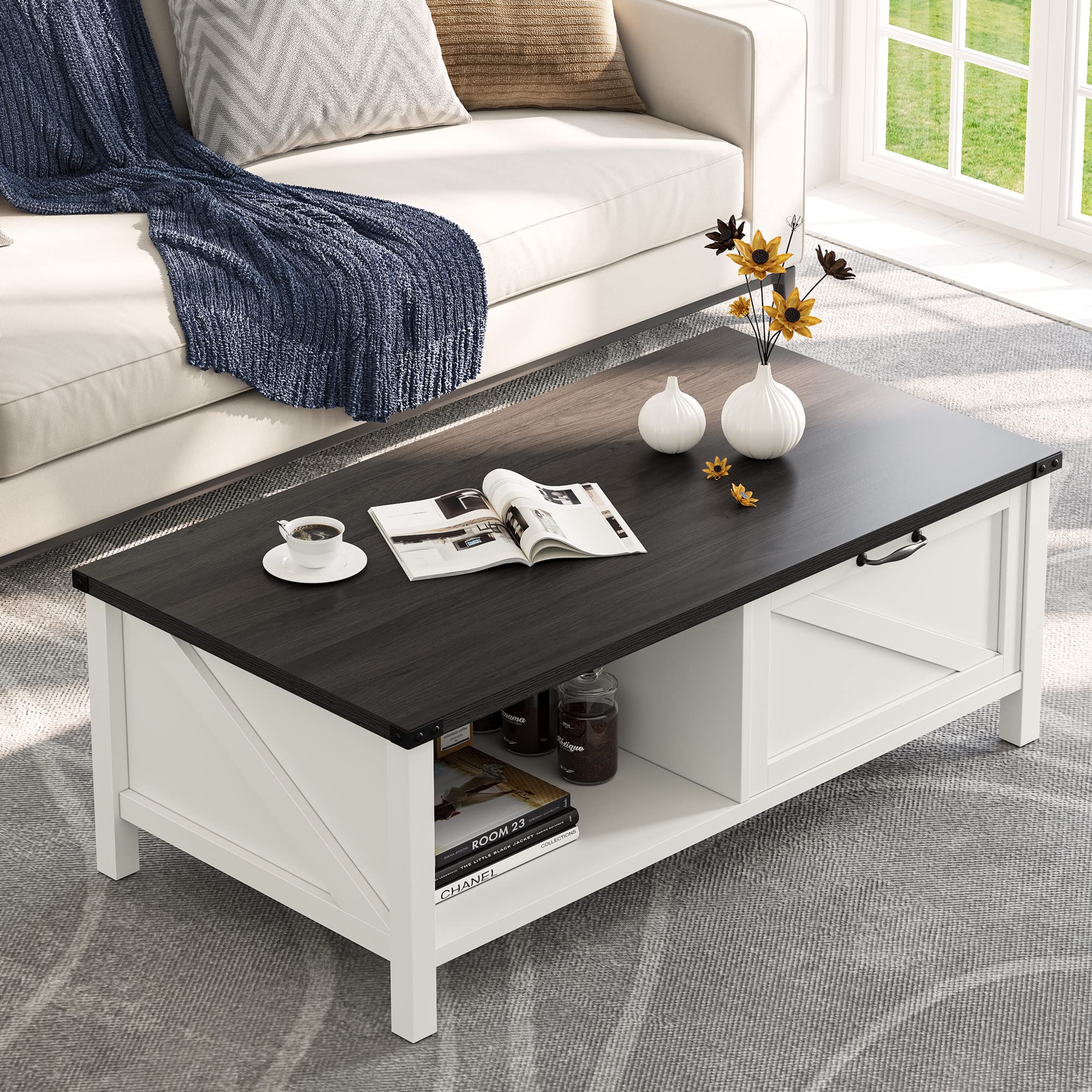 YITAHOME Farmhouse Coffee Table Wooden Cocktail Table,with Cabinets and 2-Tier Storage Open Shelf,Modern Rustic Center Rectangular Tables for Living Room,Home,Office,Living Meeting Room,White & Grey.