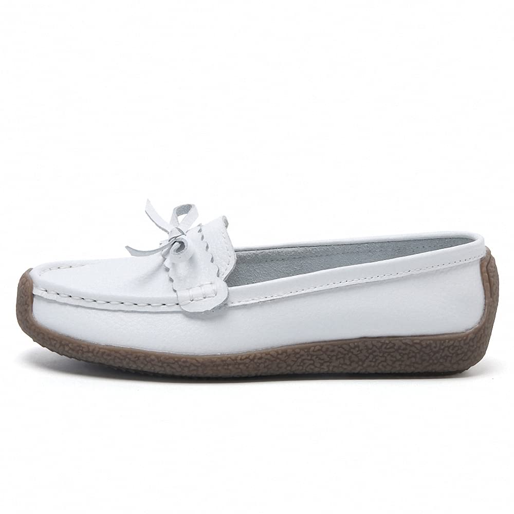 YEASUMOE Women's Slip on Shoes Comfortable Flats Shoes Work Nurse Two-Layer Leather Casual Loafers 3313/Bai-42 White