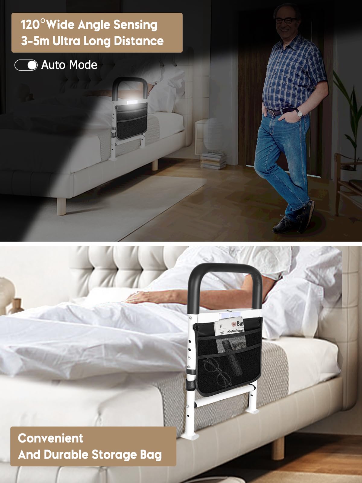 YEEGO DIRECT Bed Rails for Elderly Adults Safety, Height Adjustable Bed Assist Rail for Seniors, Bedside with Storage Pocket and LED Induction Light, Fit Twin Bed Support Up to 400lbs