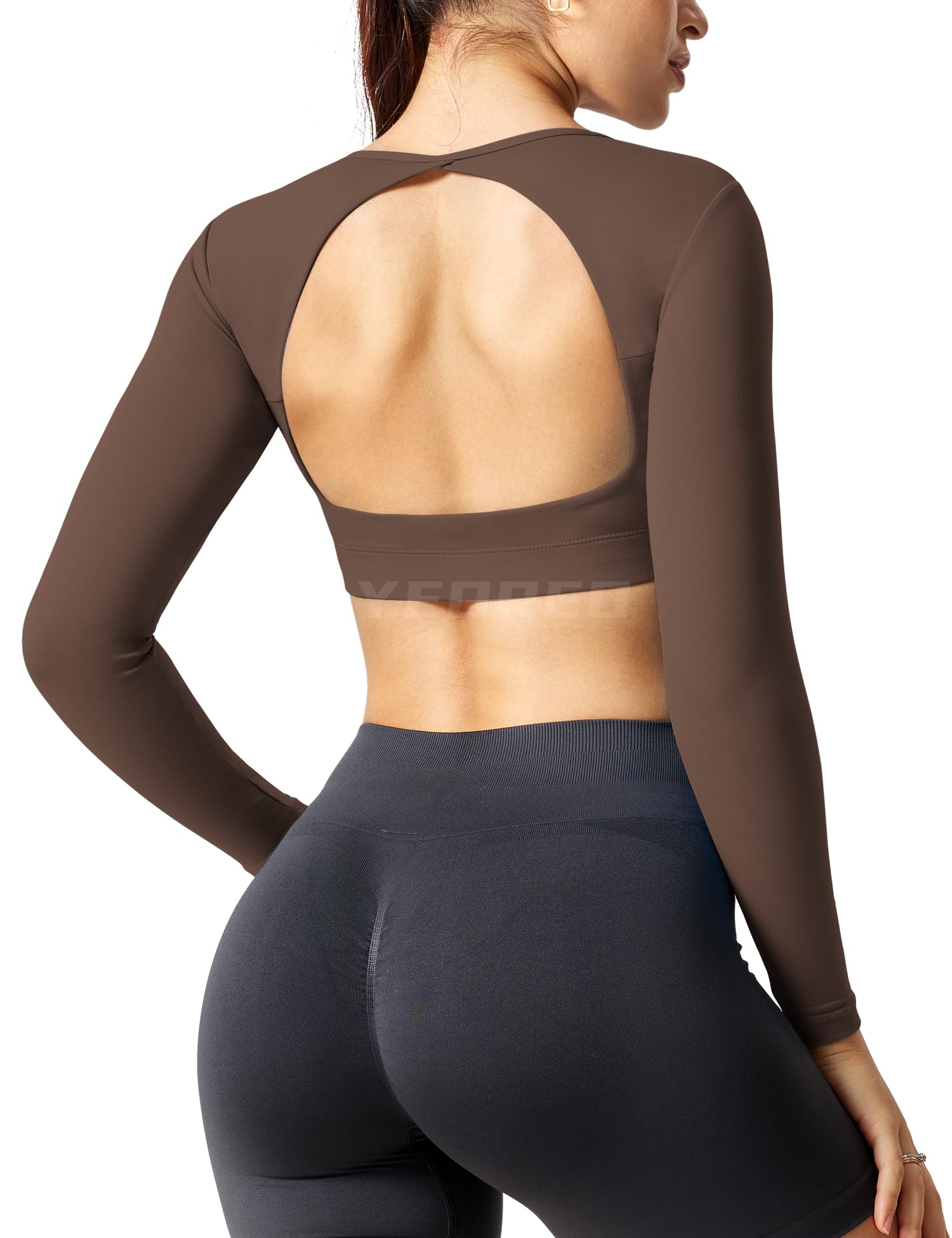 YEOREO Ultimate Workout Crop Tops for Women Long Sleeve Open Back Shirts Padded Bra Backless Yoga Gym Tops Coffee M