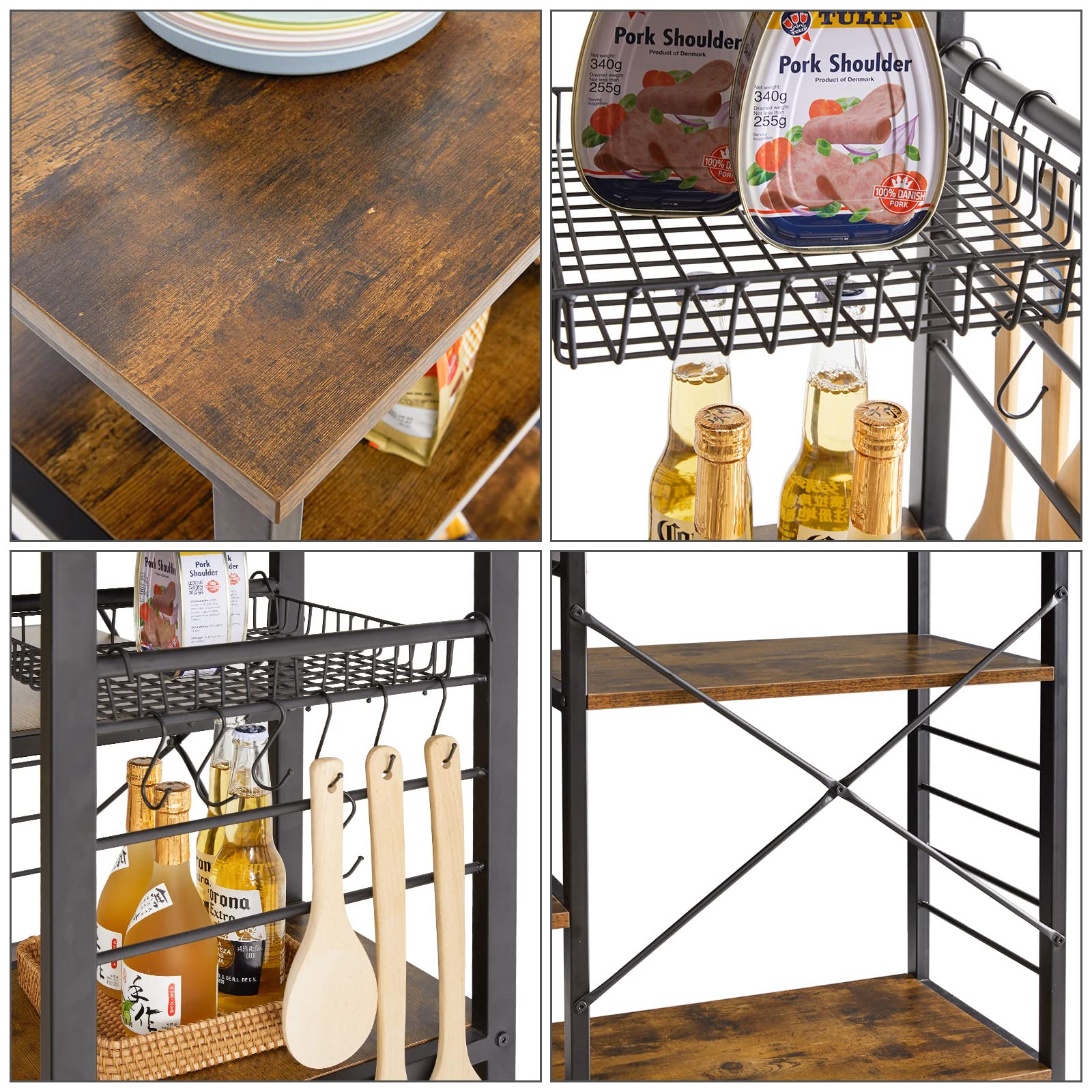 YMYNY Baker’s Rack, Coffee Bar Table Station, Microwave Oven Stand, Multifunctional Kitchen Organizer Workstation, Utility Storage Shelf Rack with 6 S-Hooks, Rustic Brown, 35.4*33.1*15.75 " UHTMJ021H
