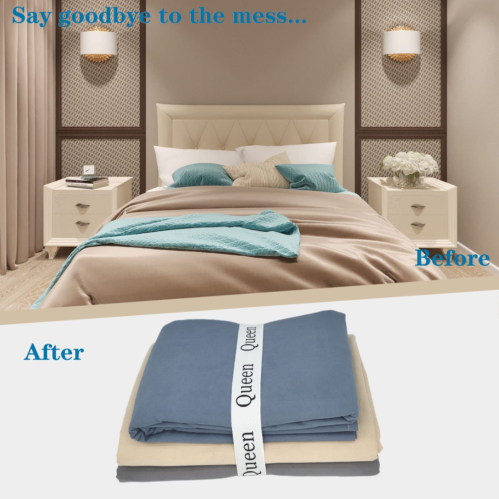Yermivie 4 Pieces Bed Sheet Organizer Bands, Sheet Organizers and Storage Label Bands, Sheet Label for Bedding, Sheets Organizer for Closet,Sheet Keepers Linen Labels Bedding Bands (4Pcs Queen)