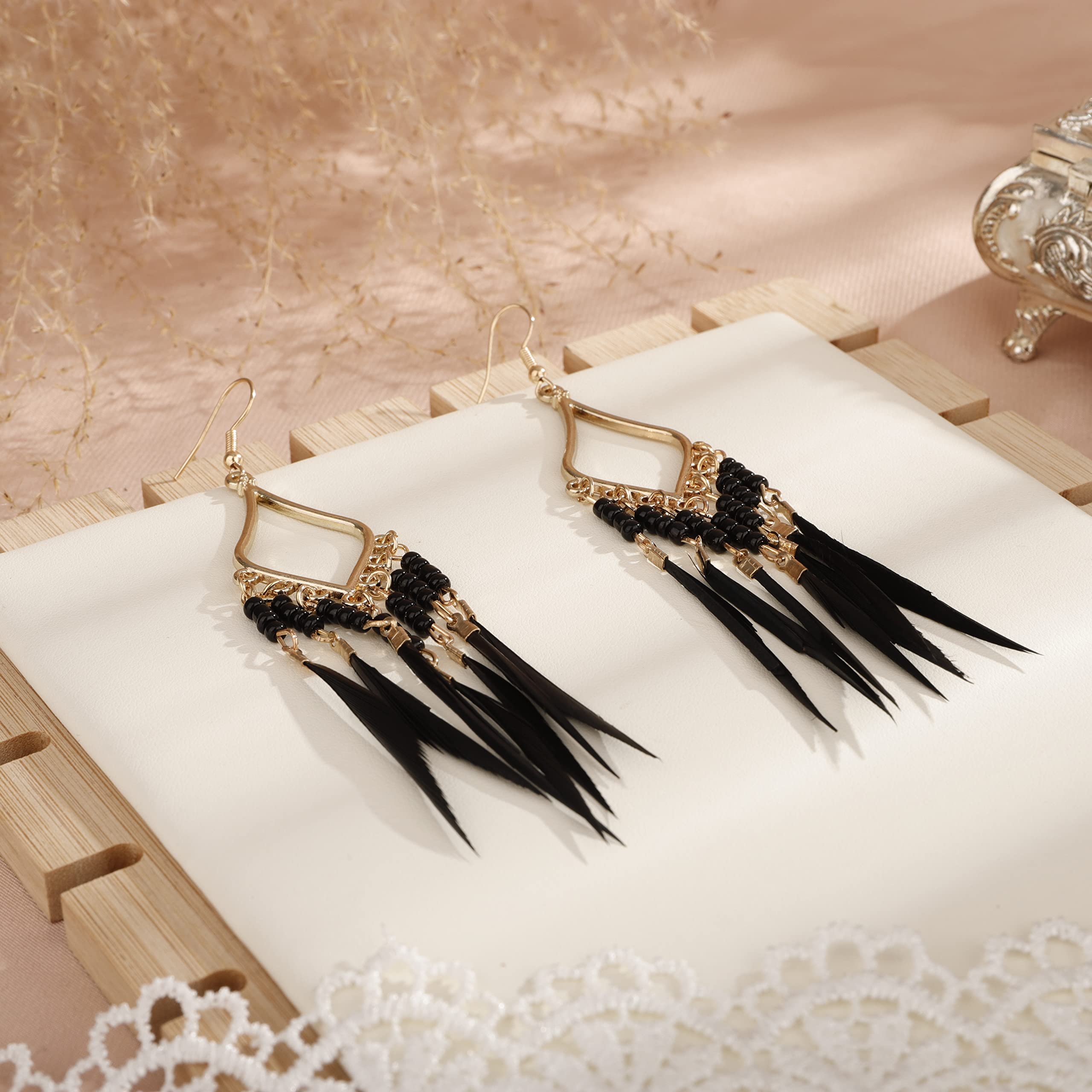 YERTTER Gold Long Dangle Bohemian Black Fake Feather Tassel Dangle Beads Earrings Halloween Tassel Earrings Light Feather Vintage Hook Ear Accessories Gift for Women Girls (Style 1)