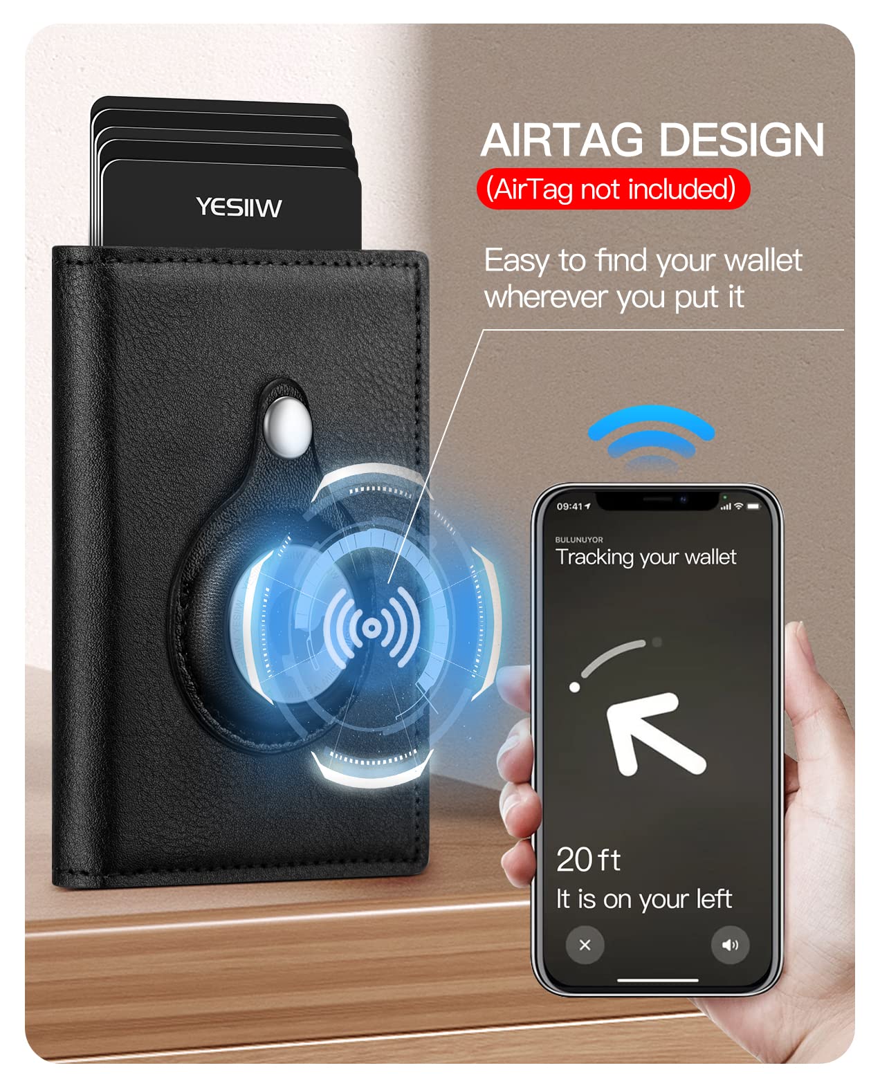 YESIIW AirTag Wallet for Men - RFID Protected, Premium Space Aluminum and Quality Leather, Black