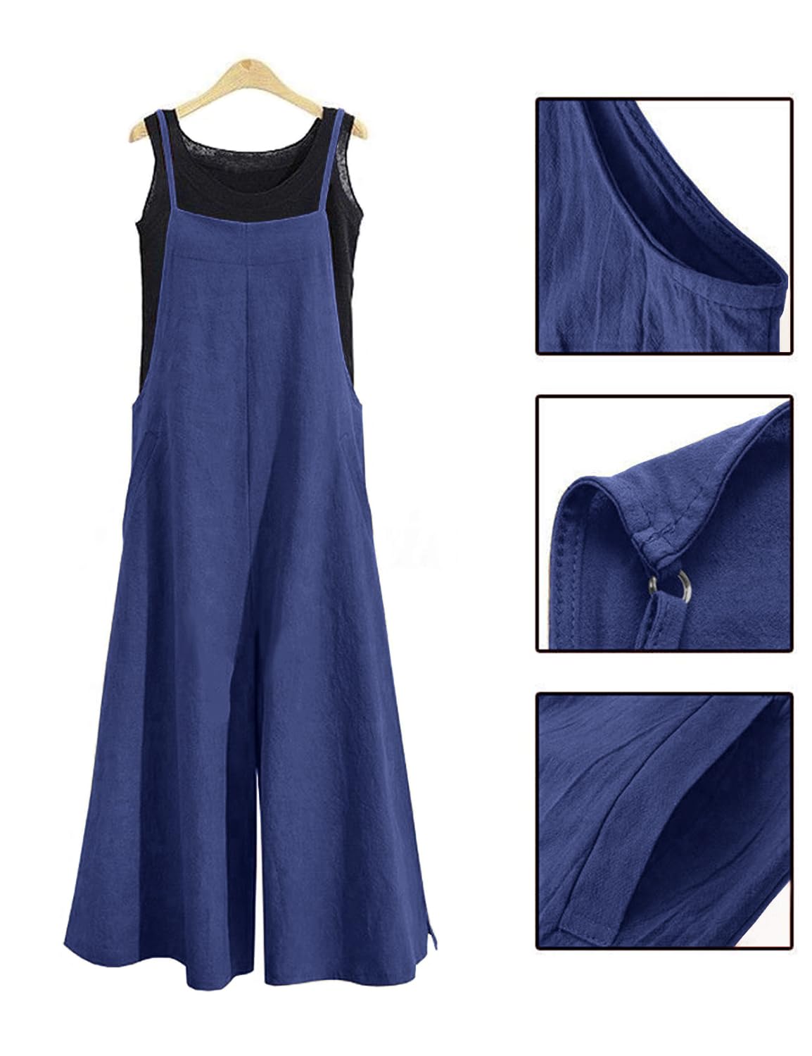 YESNO Women Casual Loose Long Bib Pants Wide Leg Jumpsuits Baggy Cotton Rompers Overalls with Pockets (M PZZTYP2 Navy Blue)