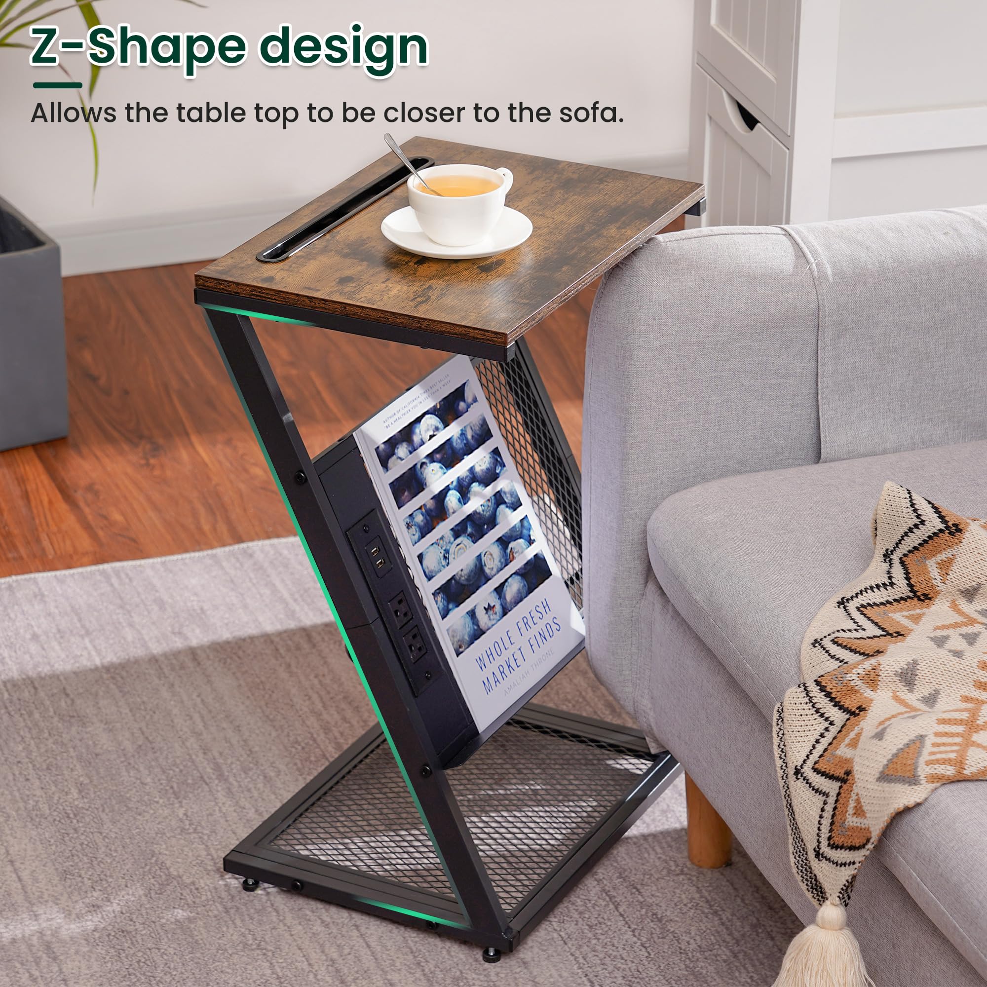 Yifeel End Table with Charging Station, Side Table with Storage Shelf, Bedside Table with Phone Stand, Nightstand for Small Spaces, Living Room, Bedroom, Rustic Brown and Black JET002CSR1