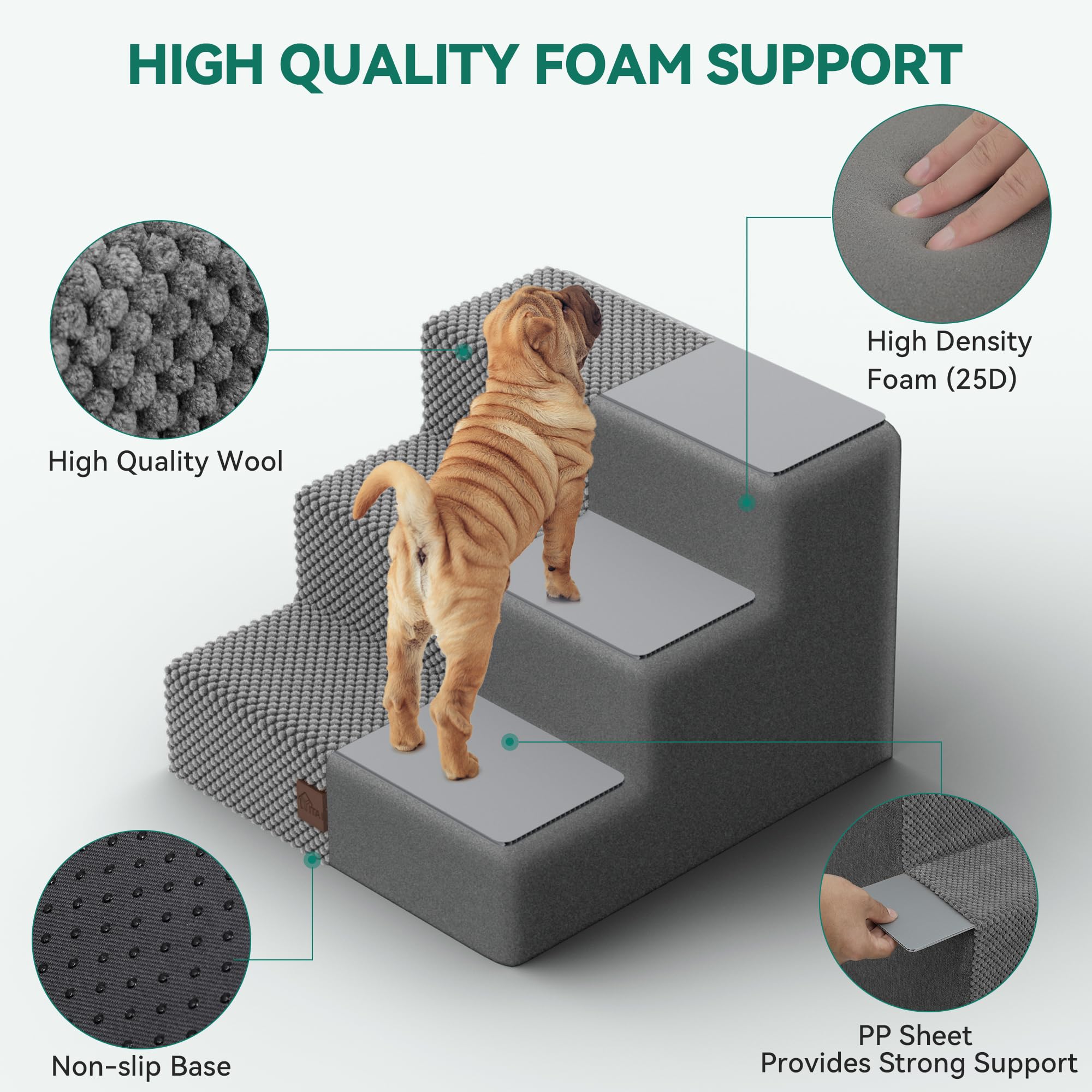 YITAHOME Dog Stairs, Pet Stairs for Small Dog, Pet Steps for Bed and Couch with Support Boards, Non-Slip Balanced Dog Steps for Injured and Elderly Pets, 3 Steps - Gray