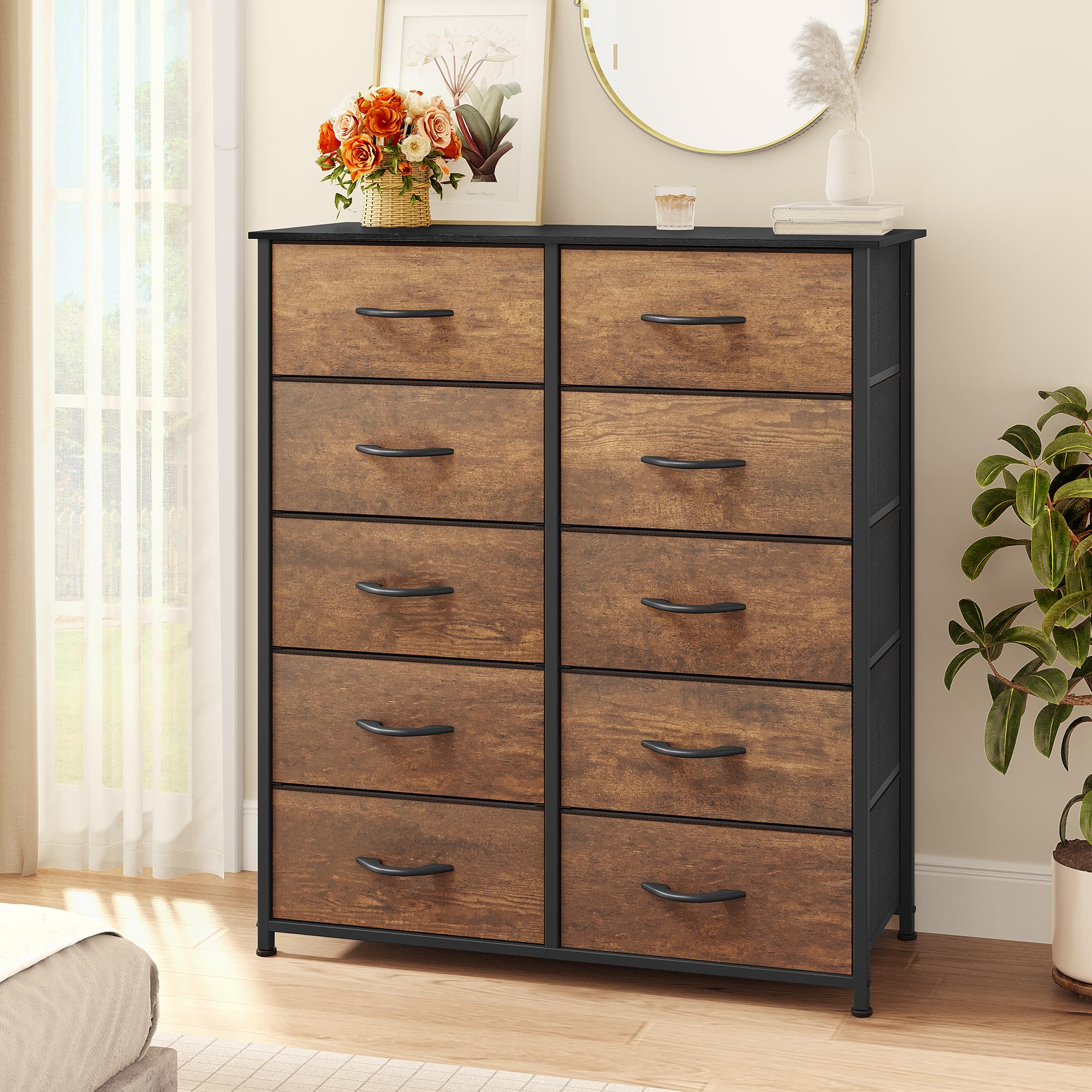 YITAHOME Dresser with 10 Drawers - Tall Fabric Storage Tower for Living Room, Hallway - Sturdy Steel Frame, Wooden Top & Easy Pull Fabric Bins