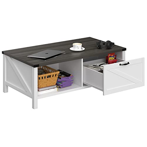 YITAHOME Farmhouse Coffee Table Wooden Cocktail Table,with Cabinets and 2-Tier Storage Open Shelf,Modern Rustic Center Rectangular Tables for Living Room,Home,Office,Living Meeting Room,White & Grey.