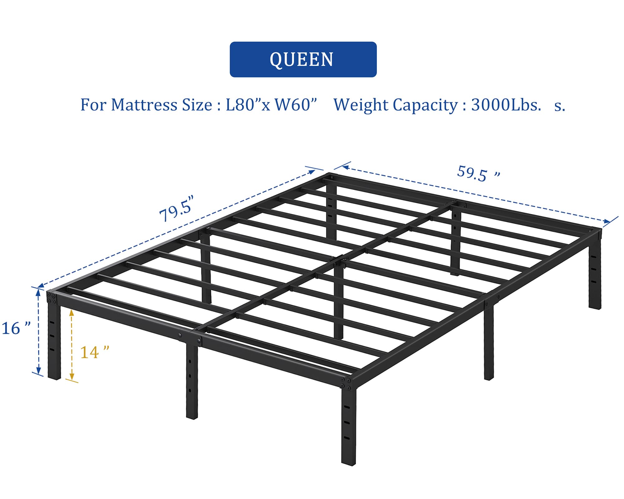 YUSENHEEI Queen Size Bed Frame 16 Inches High Metal Platform Bedframe with Slat Strips Easy Assembly Heavy Duty Strong No Need Box Spring Noise Free Non-slip Large Storage Space Underbed
