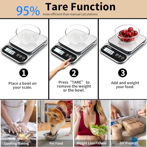 YONCON Smart Food Scale Digital Weight Grams and Oz, 3kg/0.1g Kitchen Scale for Weight Loss, Cooking, Baking, Super Accurate, Easy to Clean and Store, Tare Function (Batteries Included)