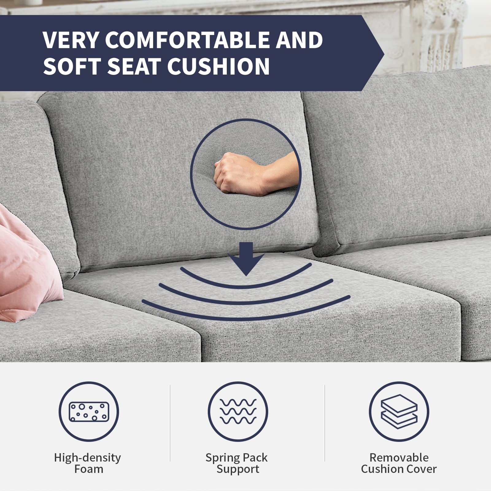 ZAFLY 102 Inch Oversized L Shaped Sofa with Reversible Storage Ottoman, 4-seat Sectional Couch with Footstool, Retro Design, Reversible Storage Chaise, Line Fabric Sofa for Living Room,Light Gray