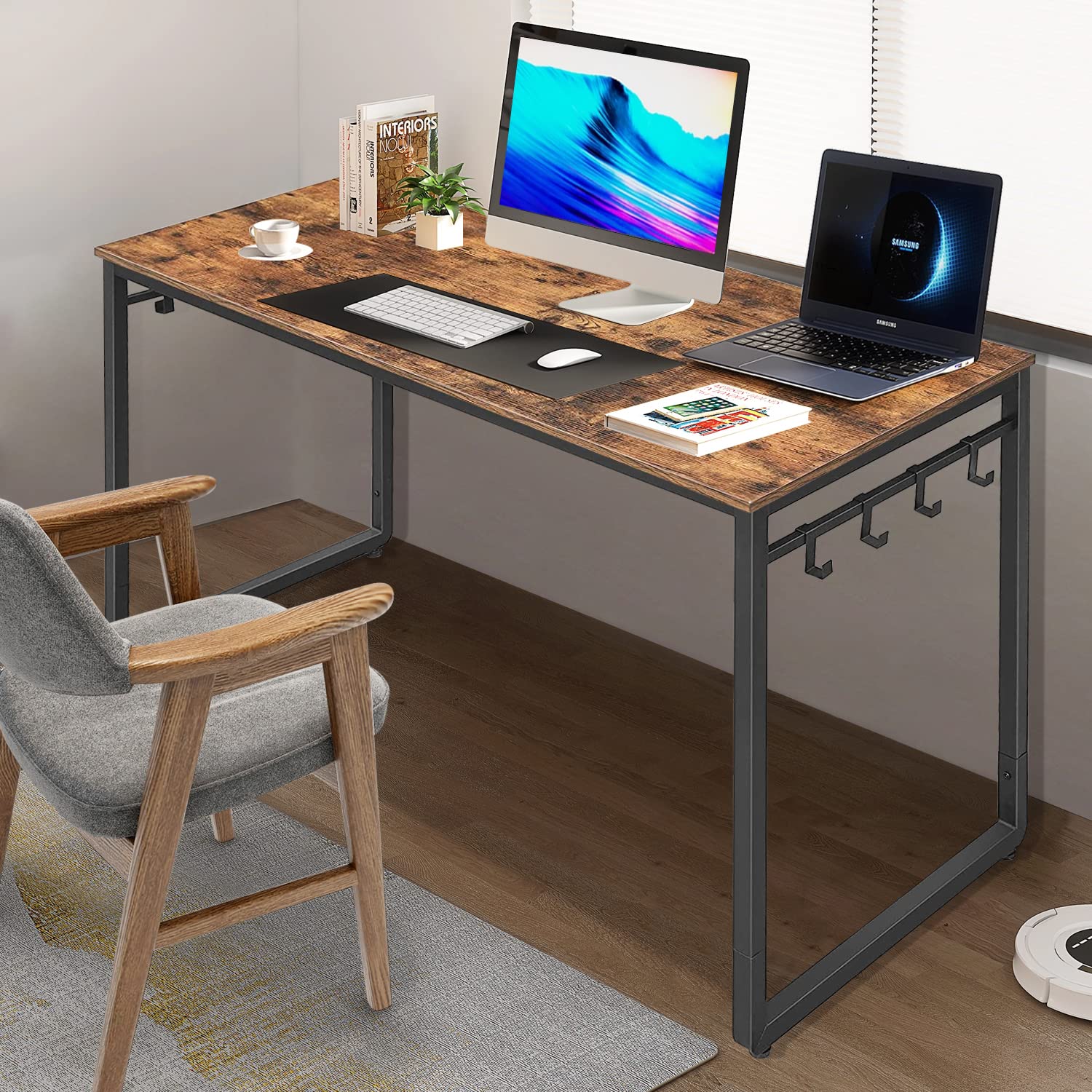 Zanzio Home Office Desk with Hooks, Simple Style Desk for Home Office, Computer Desk for Writing Study, 55.1 Inches, Industial Brown