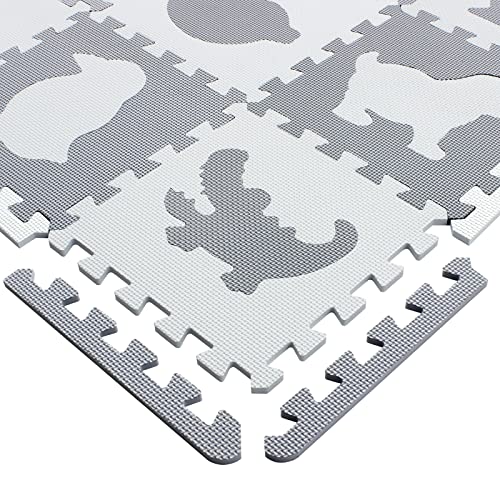Yostrong 18 Tiles Interlocking Animal Puzzle Foam Baby Play Mat with Straight Edges for Playing - Rubber EVA Babies Crawling Mats for Floor. White, Light gray. YOP-51(AL) b18S18