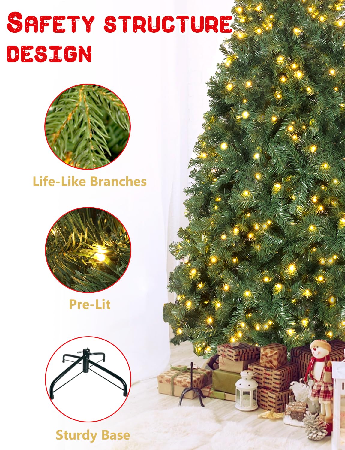 YouMedi 6.5ft Pre-Lit Artificial Holiday Christmas Spruce Tree with Lights - Premium Hinged Tree for Home, Office, Party Decoration - Metal Hinges & Foldable Base