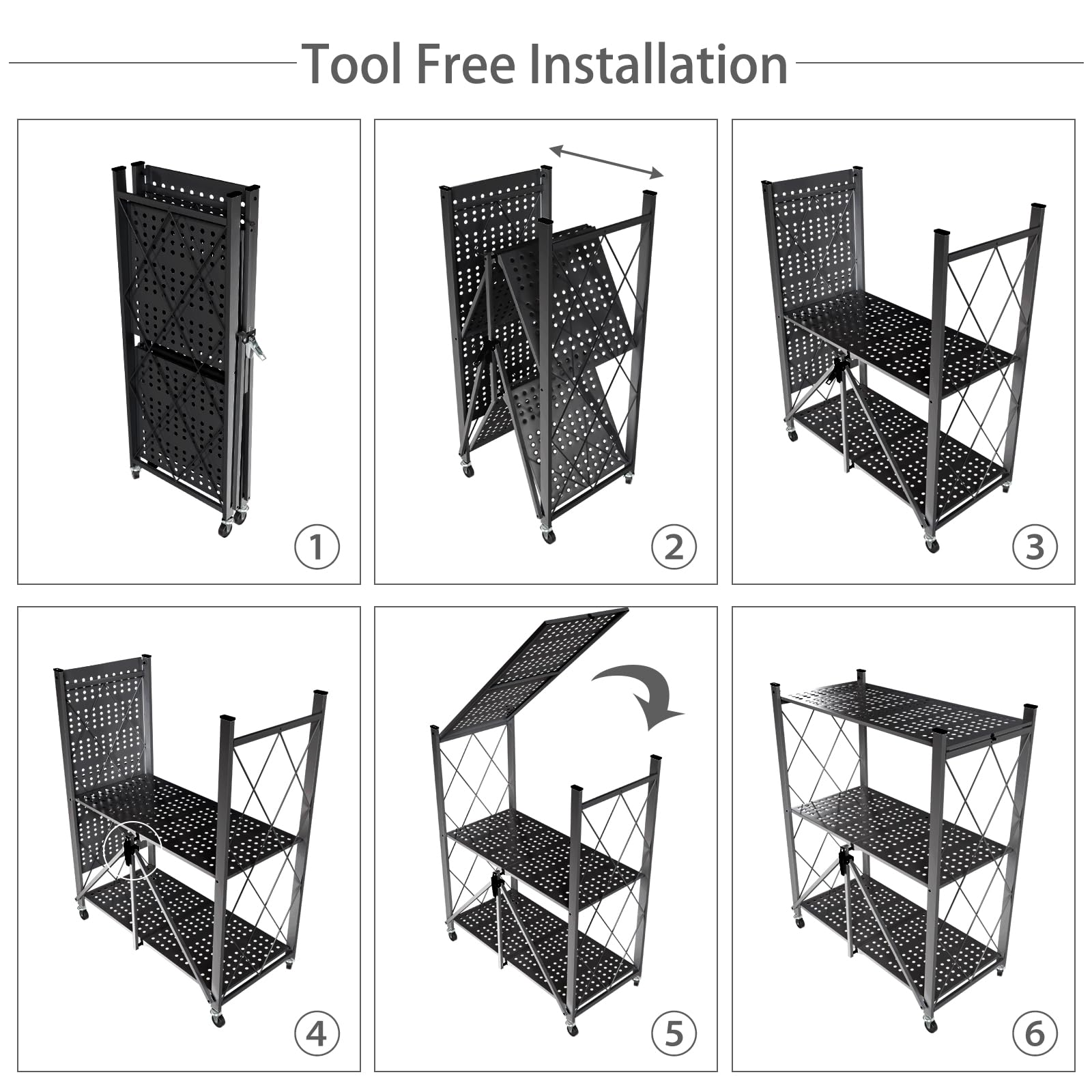 Yuanjimi 3 Tier Foldable Storage Shelf with Wheels, Heavy Duty Garage Shelving Unit Loads 550 LBS, Metal Steel Collapsible Shelves, Rolling Standing Utility Rack for Kitchen, Pantry, Office, Black