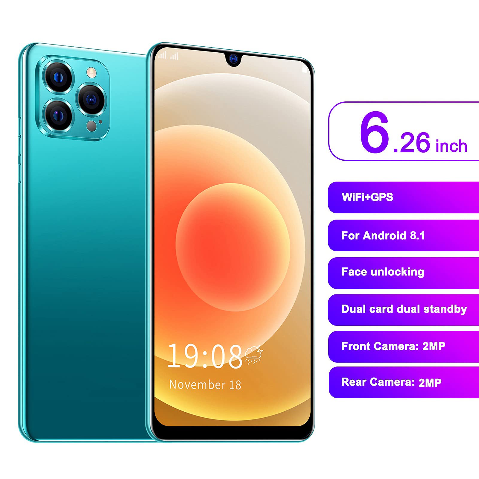 Yunseity IP12 PRO Unlocked Smartphone,6.26in Full Screen Dual SIM Cell Phone,Face Recognition Unlocked Smartphone(Green)