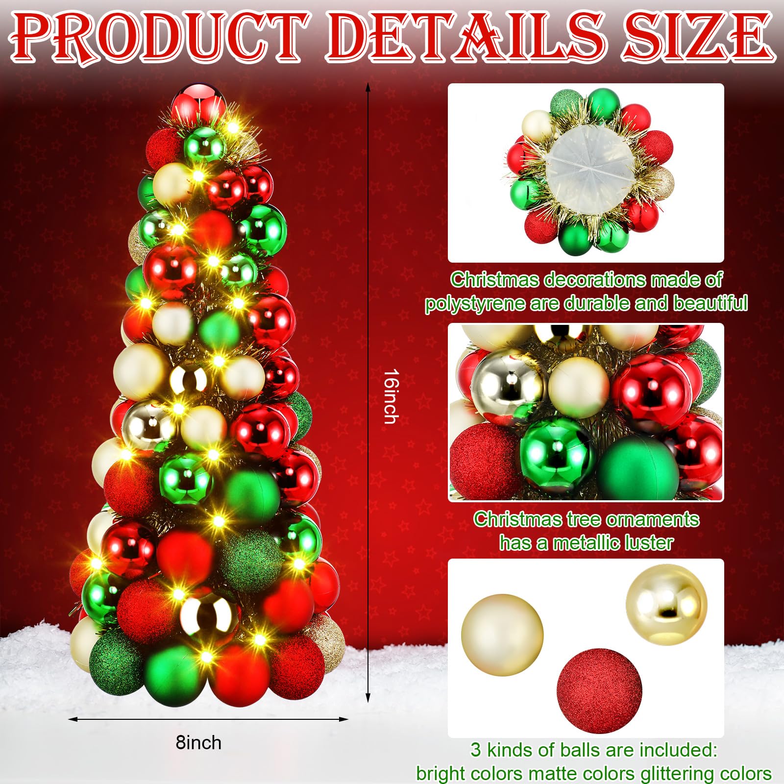 Yuxung 2 Pcs 16 Inch Christmas Ball Tree with 2 Led String Lights Mini Tabletop Cone Shaped Christmas Tree Ball Ornament Table Centerpiece for Xmas Holiday Room Decor (Red, Green and Gold)