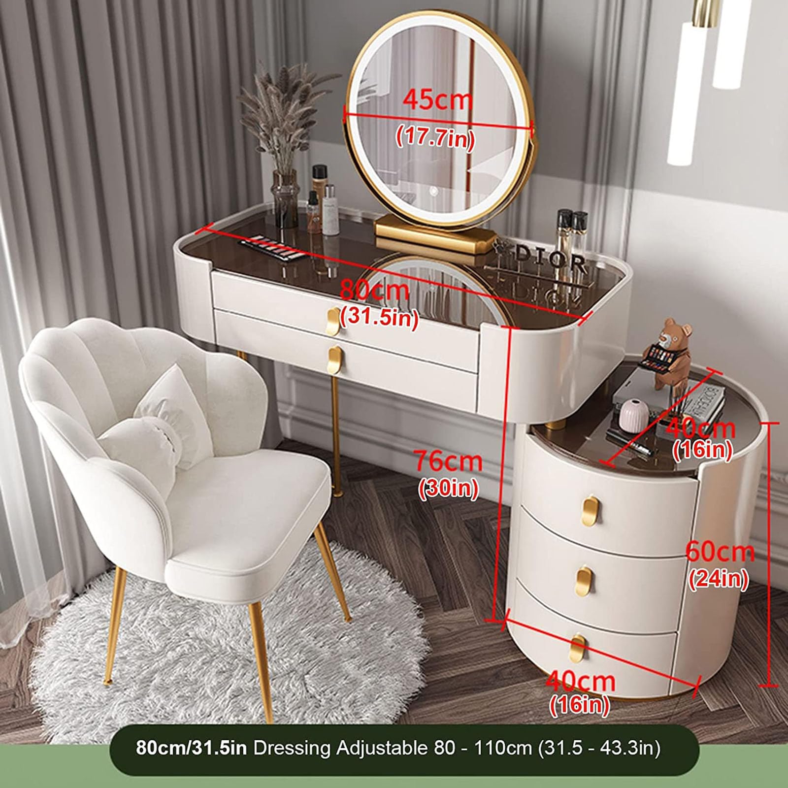 ZTGL Makeup Vanity Desk with Lighted Mirror and Glass Top, Large Vanity Table Set with Drawers, Side Cabinet & Chair, Solid Wood Large Dressing Table with Touch Mirror LED Lights,Grey,80cm/31.5in