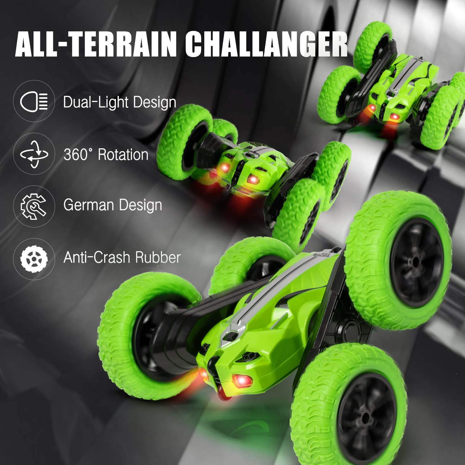 Zyerch RC Car, 4 Wheel Drive Stunt Car Toy for Kids, Hobby RC Crawlers, Double Sided Rotating 360°Remote Control Car, Dual-Color Headlights Blue/Red/Green, (K-02)