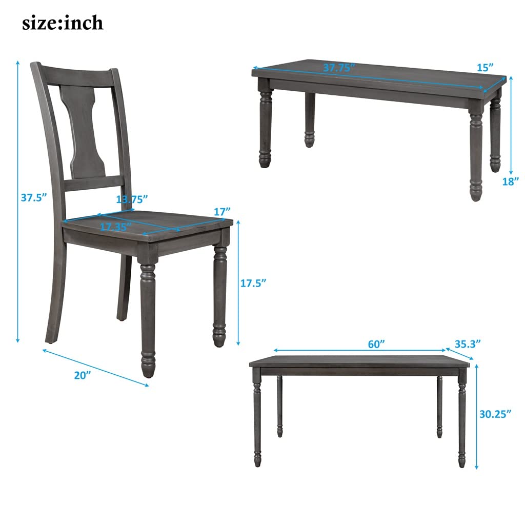 ZHYH 6 Piece Classic Dining Table 1 Wooden Table + 4 Chairs + 1 Kitchen Dining Bench Grey