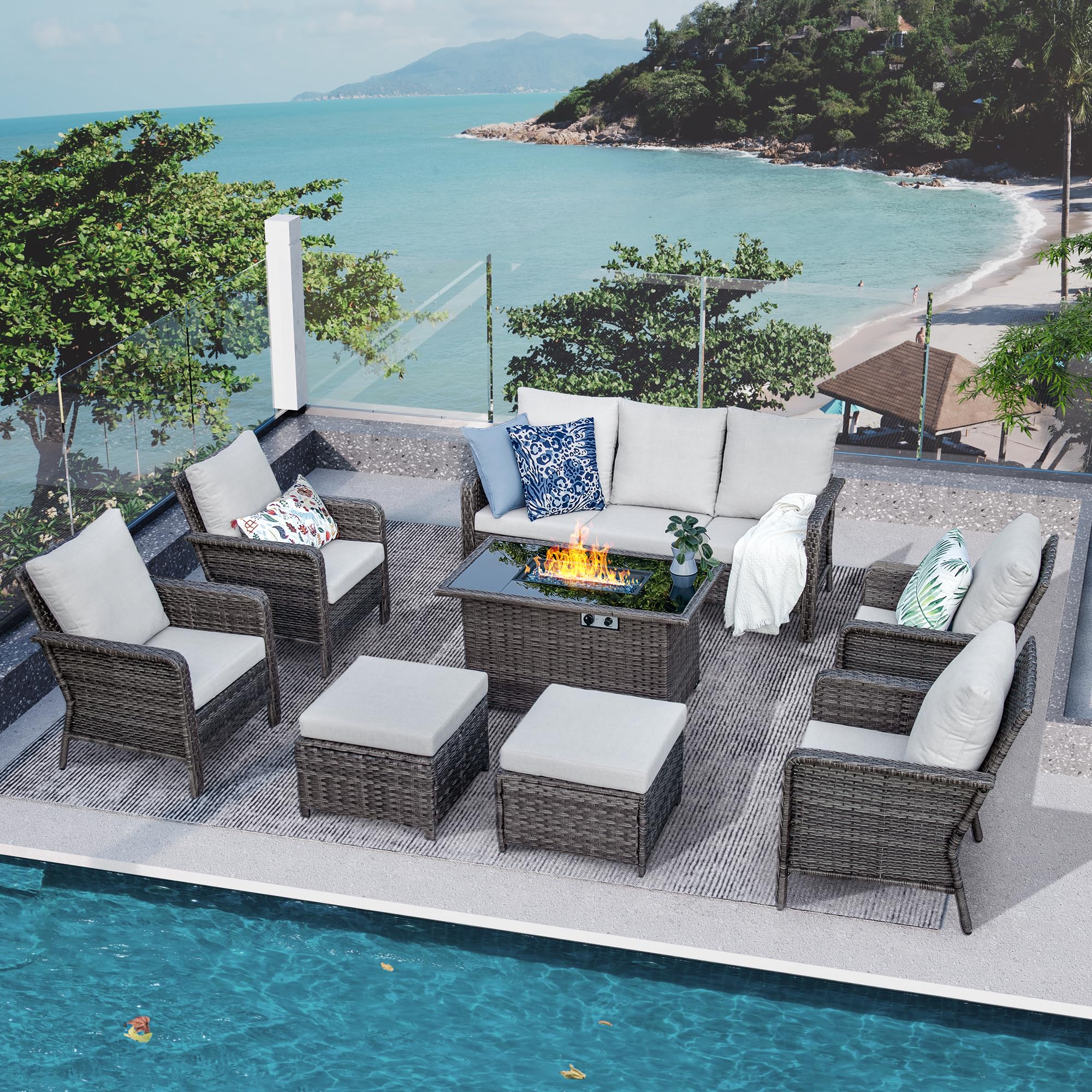 Yechen DC20230601-1B2S Patio Conversation Sets, 8 Pcs w/Fire Pit-1, Beige